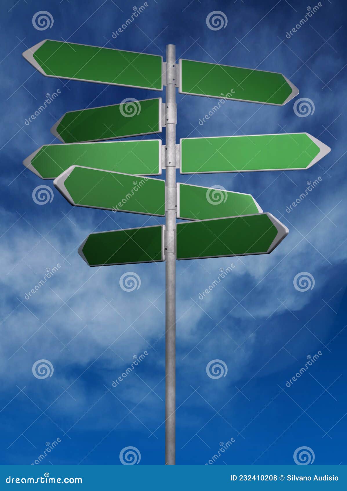 Green Directionl Signs on a Blue Background Stock Photo - Image of ...