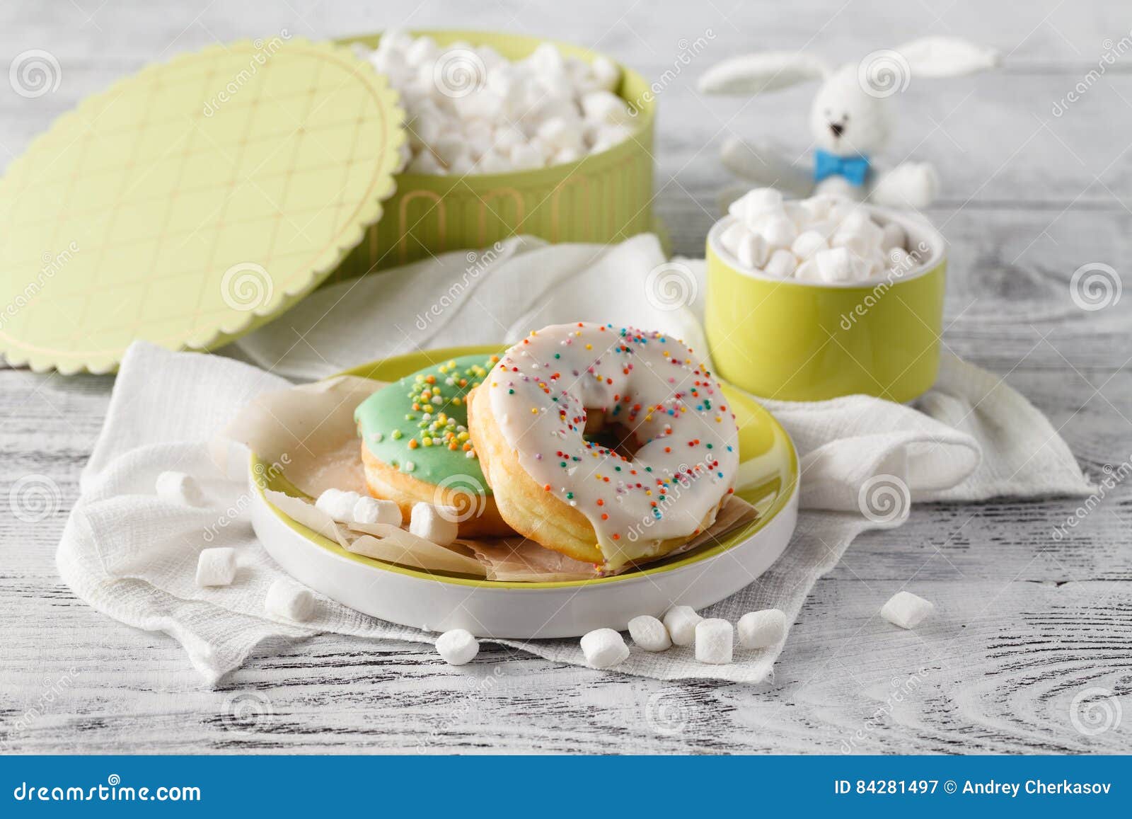 Green Donuts with Mini Marshmallow on Table Stock Image - Image of dish ...