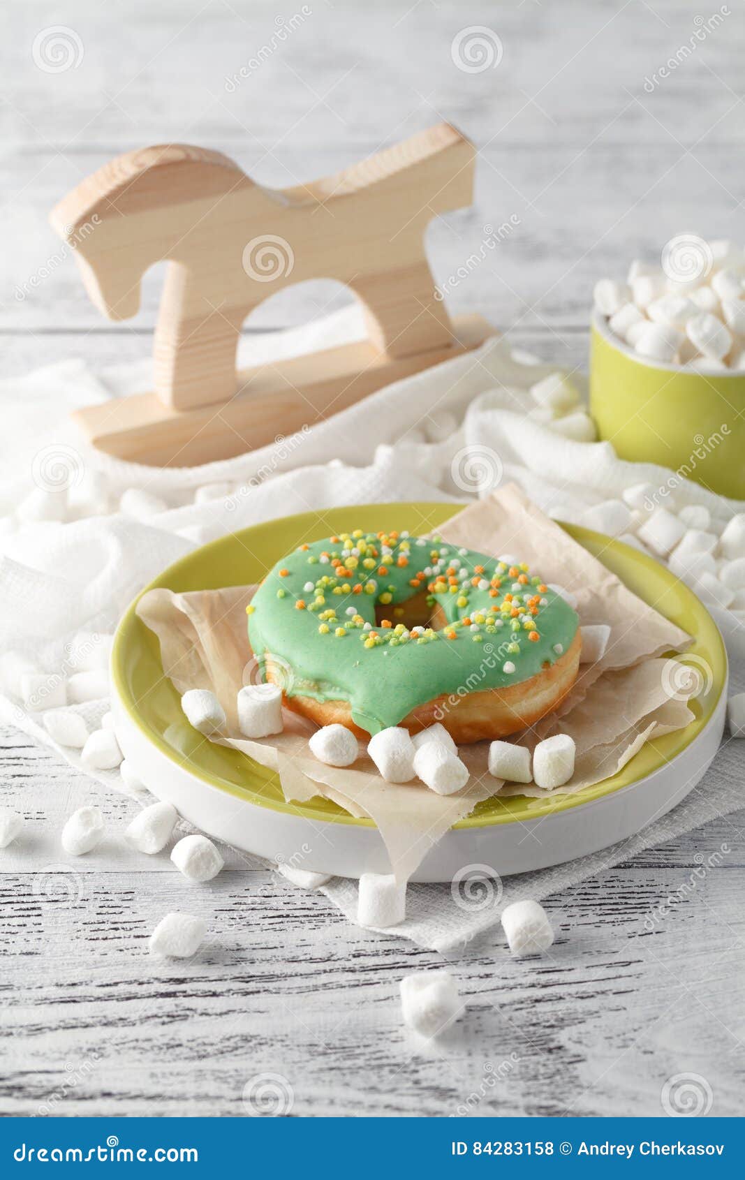 Green Donuts with Mini Marshmallow on Table Stock Photo - Image of bake ...