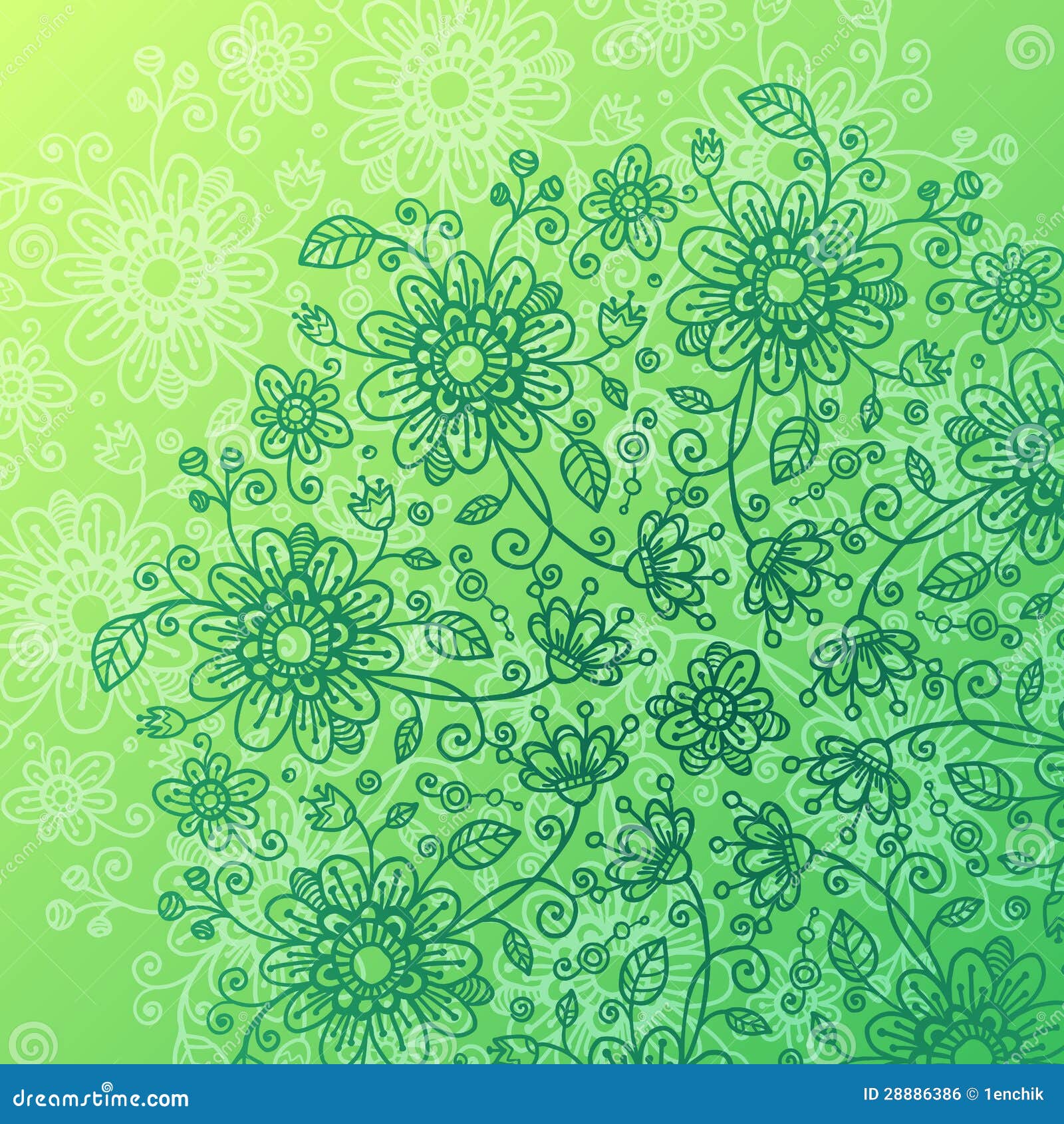 Green Doodle Flowers Vector Background Stock Vector - Illustration of ...