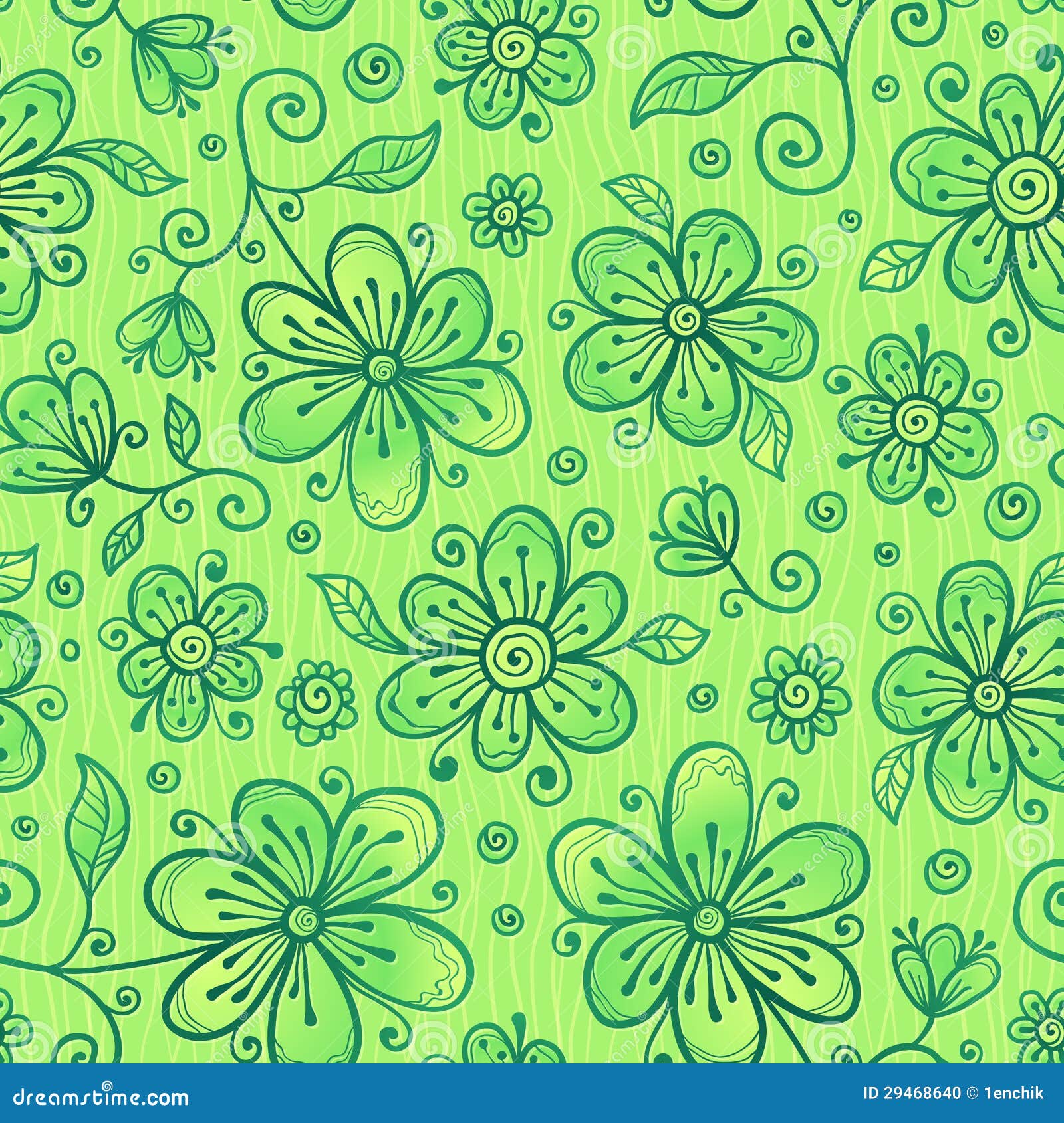 Green Doodle Flowers Vector Seamless Pattern Stock Vector ...
