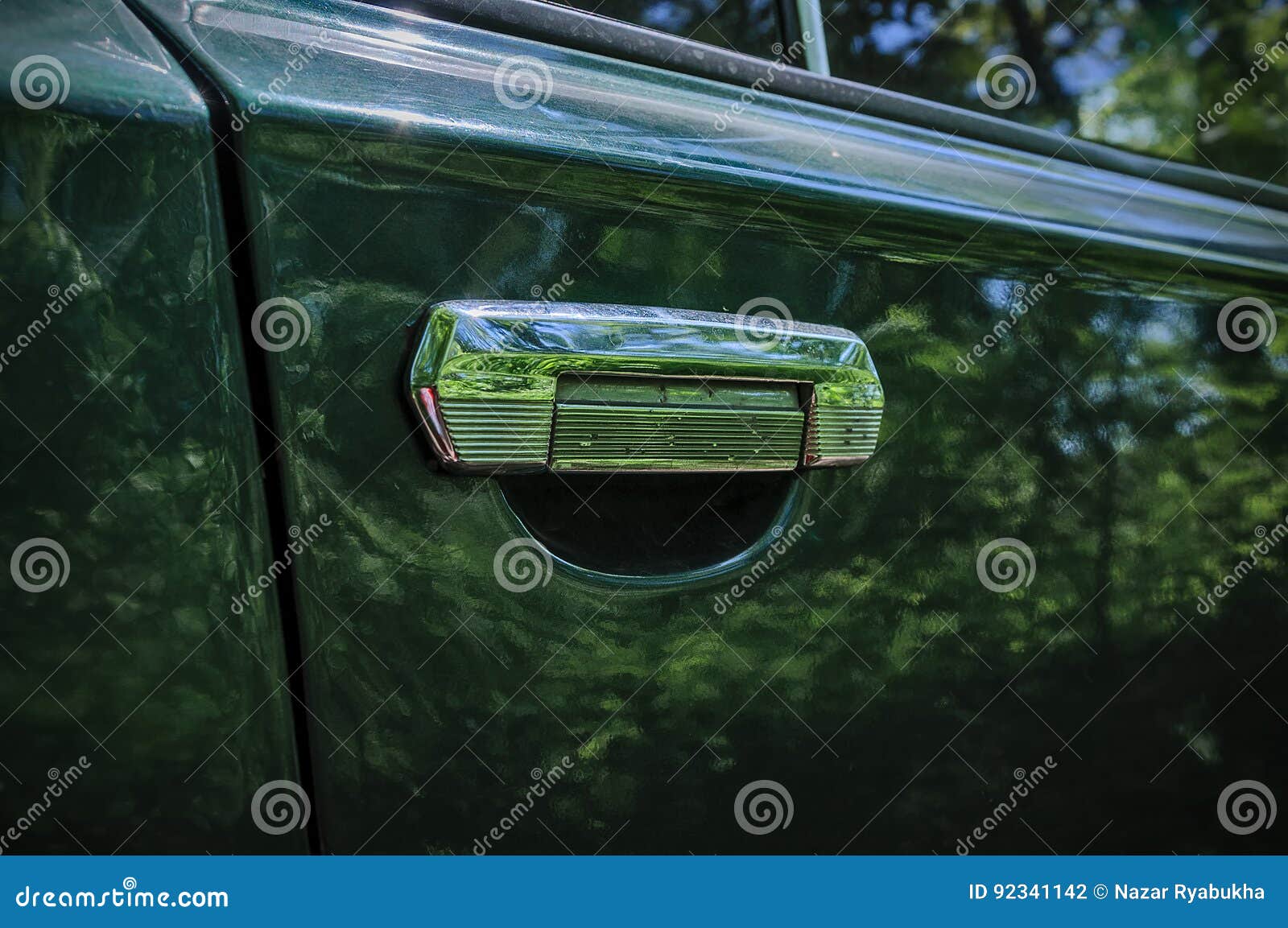 The Green Door of an Old Car. the Car Door Handle Stock Photo - Image ...