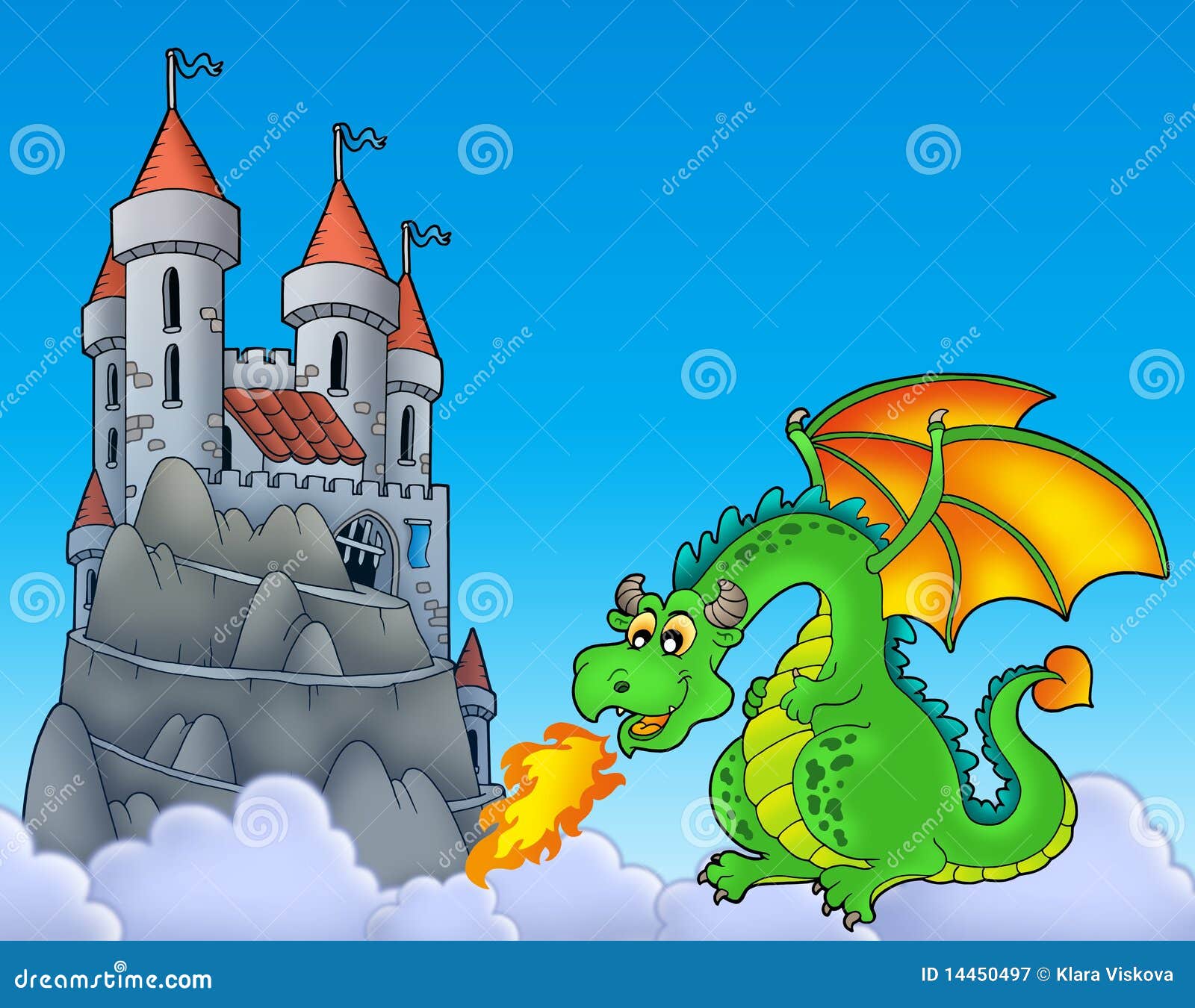 Green Dragon with Castle on Hill Stock Illustration - Illustration of ...