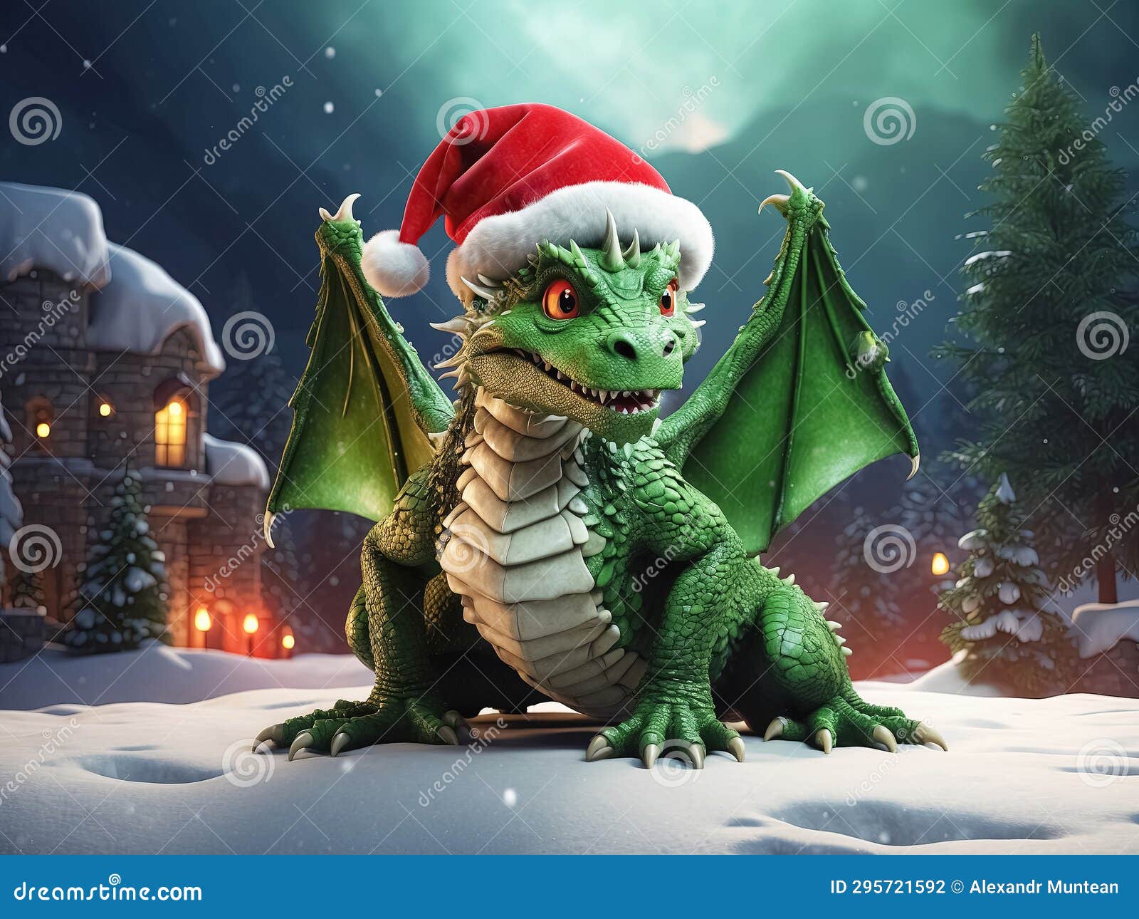 Green Dragon in a Christmas Hat, Merry Christmas Card. Stock ...
