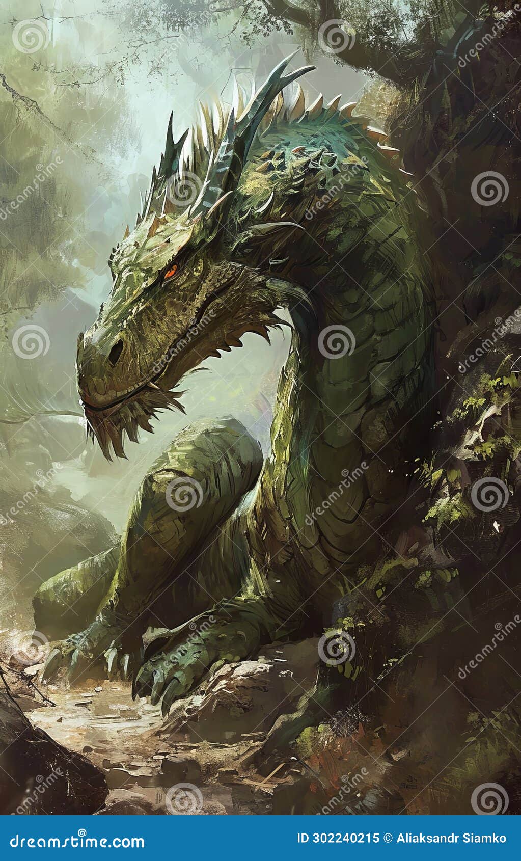 A Green Dragon Lying on a Rock Stock Image - Image of knight, tales ...