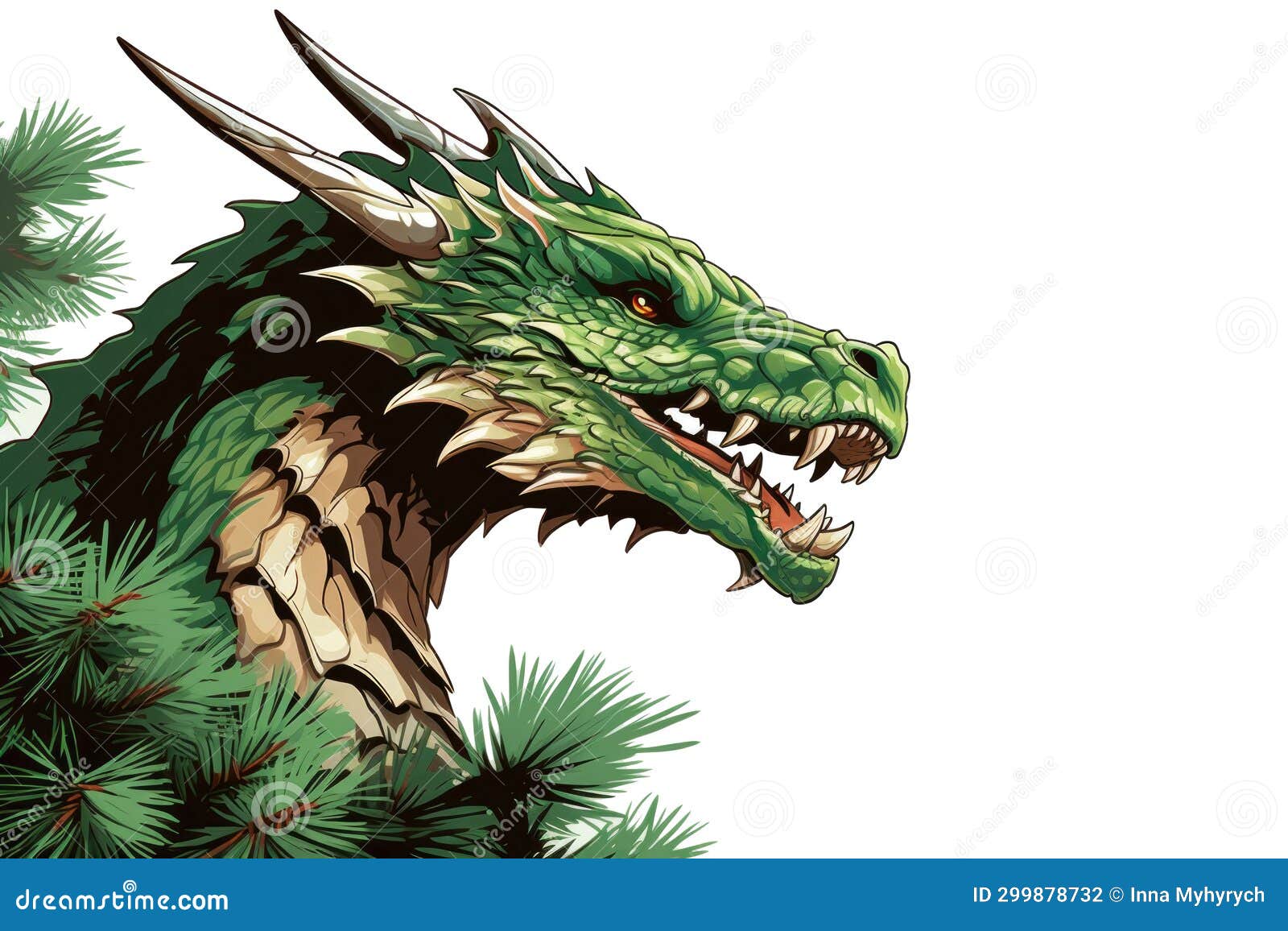 Green Dragon and Pine Branches on White Background with Copy Space on ...