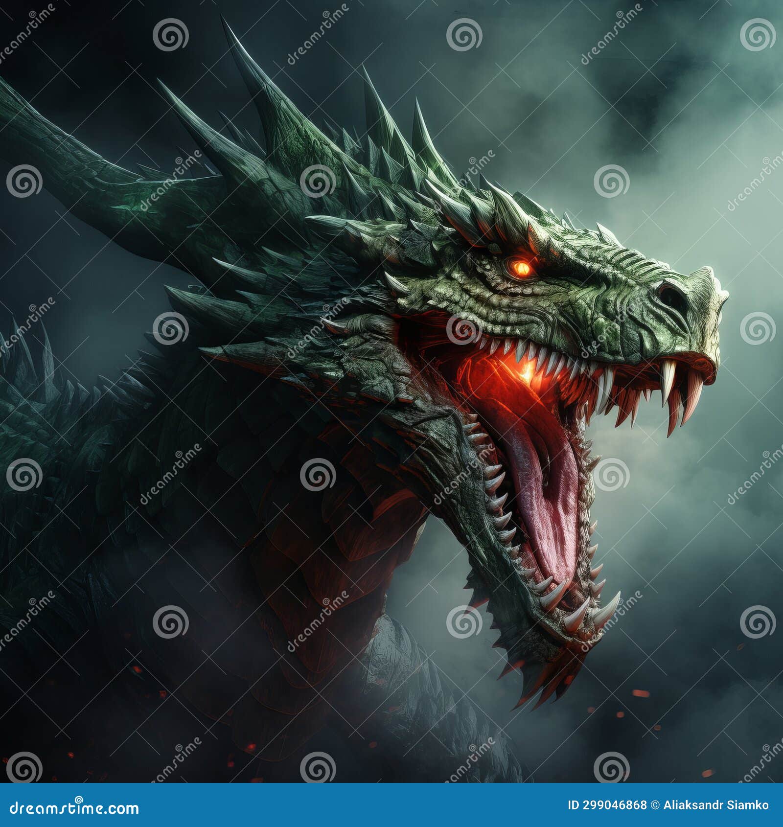 A Green Dragon with Red Eyes and Sharp Teeth Stock Illustration ...