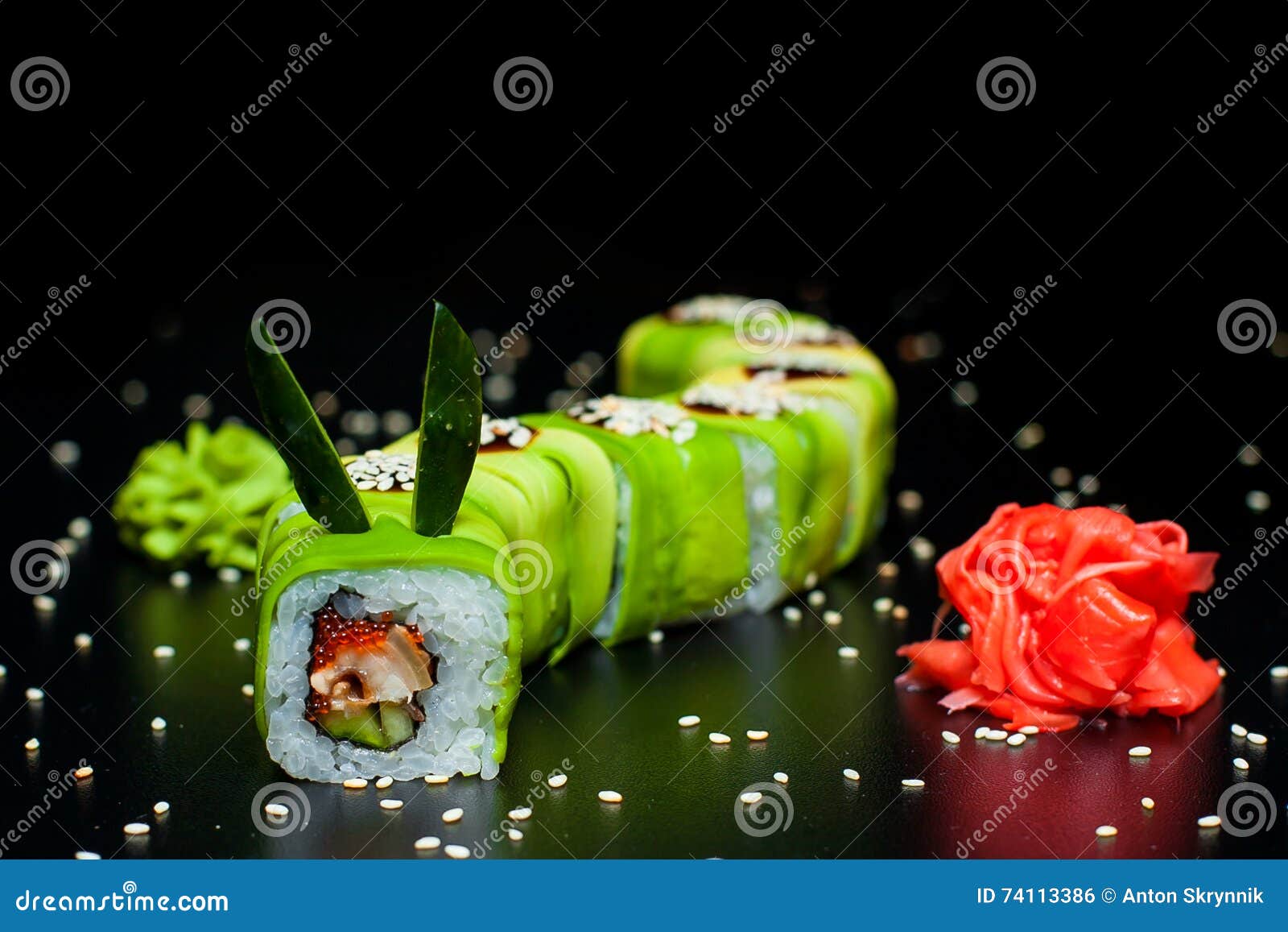 Green Dragon Roll with Eel, Ginger and Wasabi Stock Photo - Image of ...