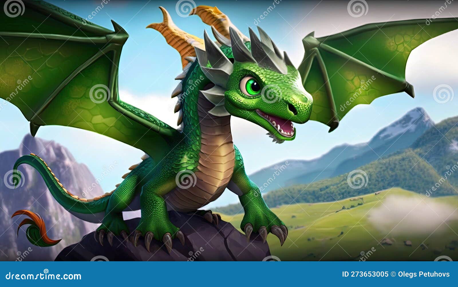A Green Dragon Sitting on Top of a Rock Next To a Mountain Stock ...