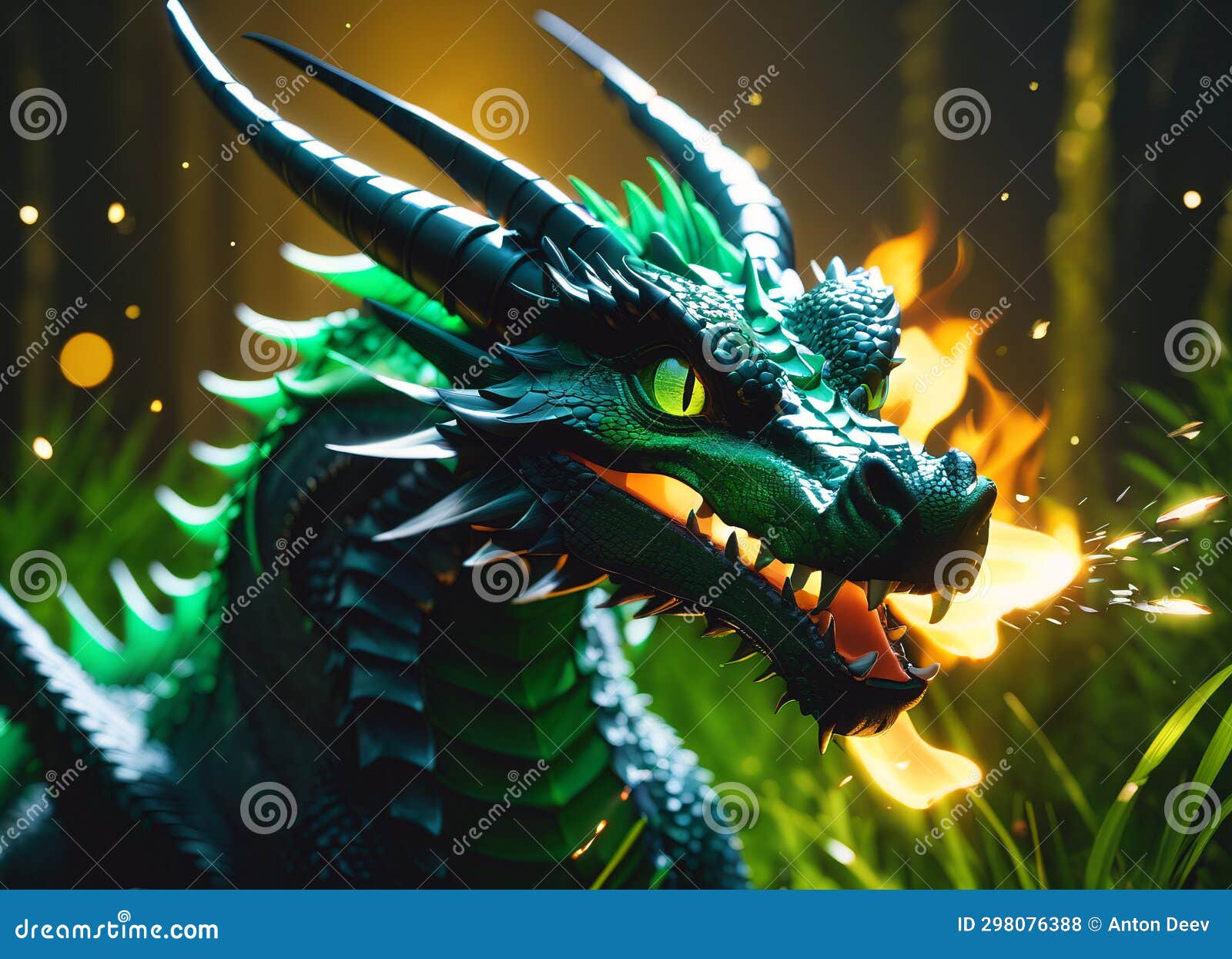 The Green Dragon Spews Fire in the Forest Stock Photo - Image of little ...