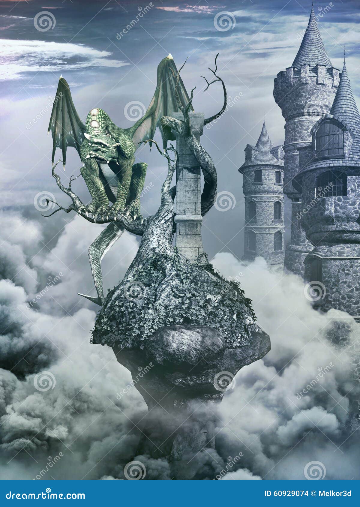 Green dragon on the tree stock illustration. Illustration of artwork ...