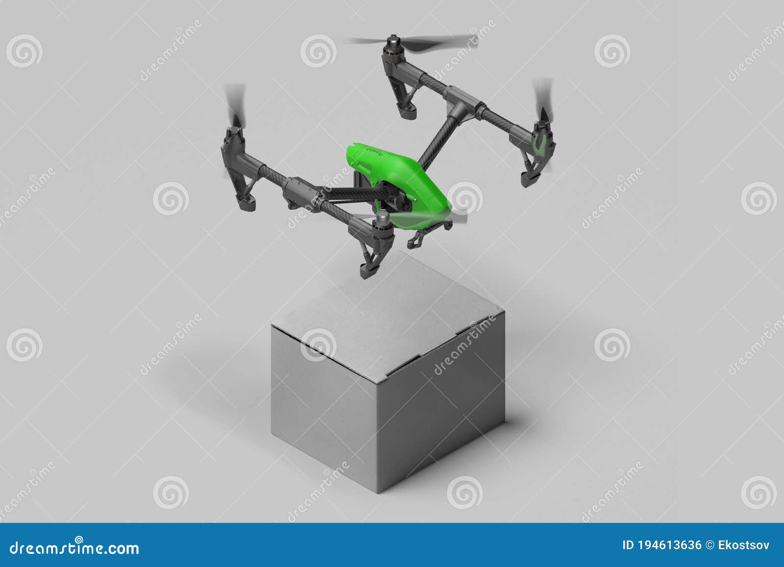 Green Drone with Cardboard Box on Light Monochrome Background. Green ...