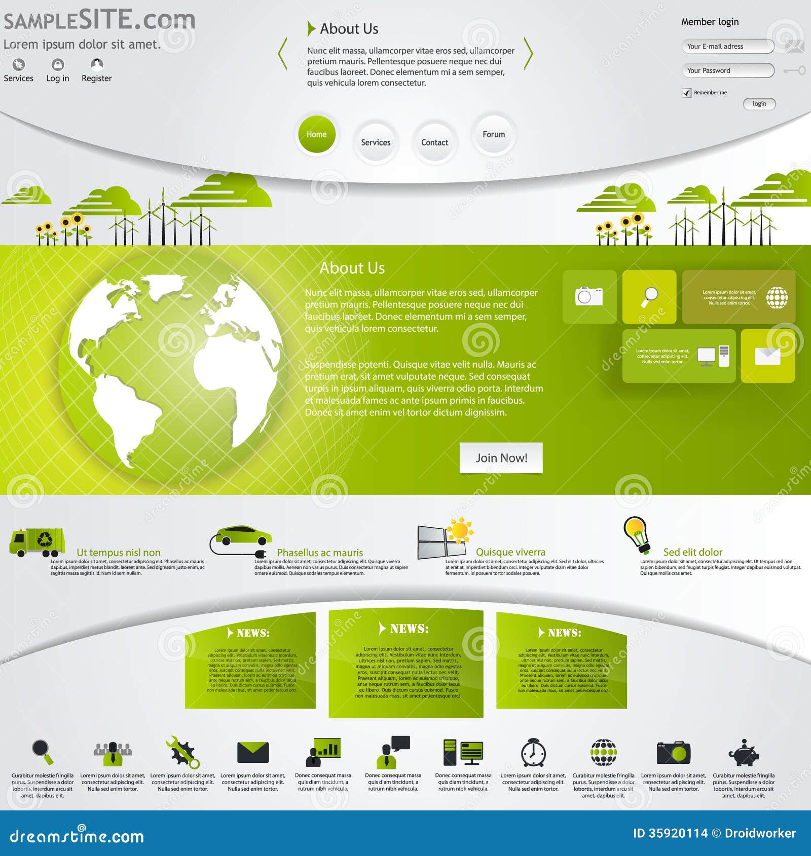 Green Eco Website Template with Icons Set. Stock Vector - Illustration ...