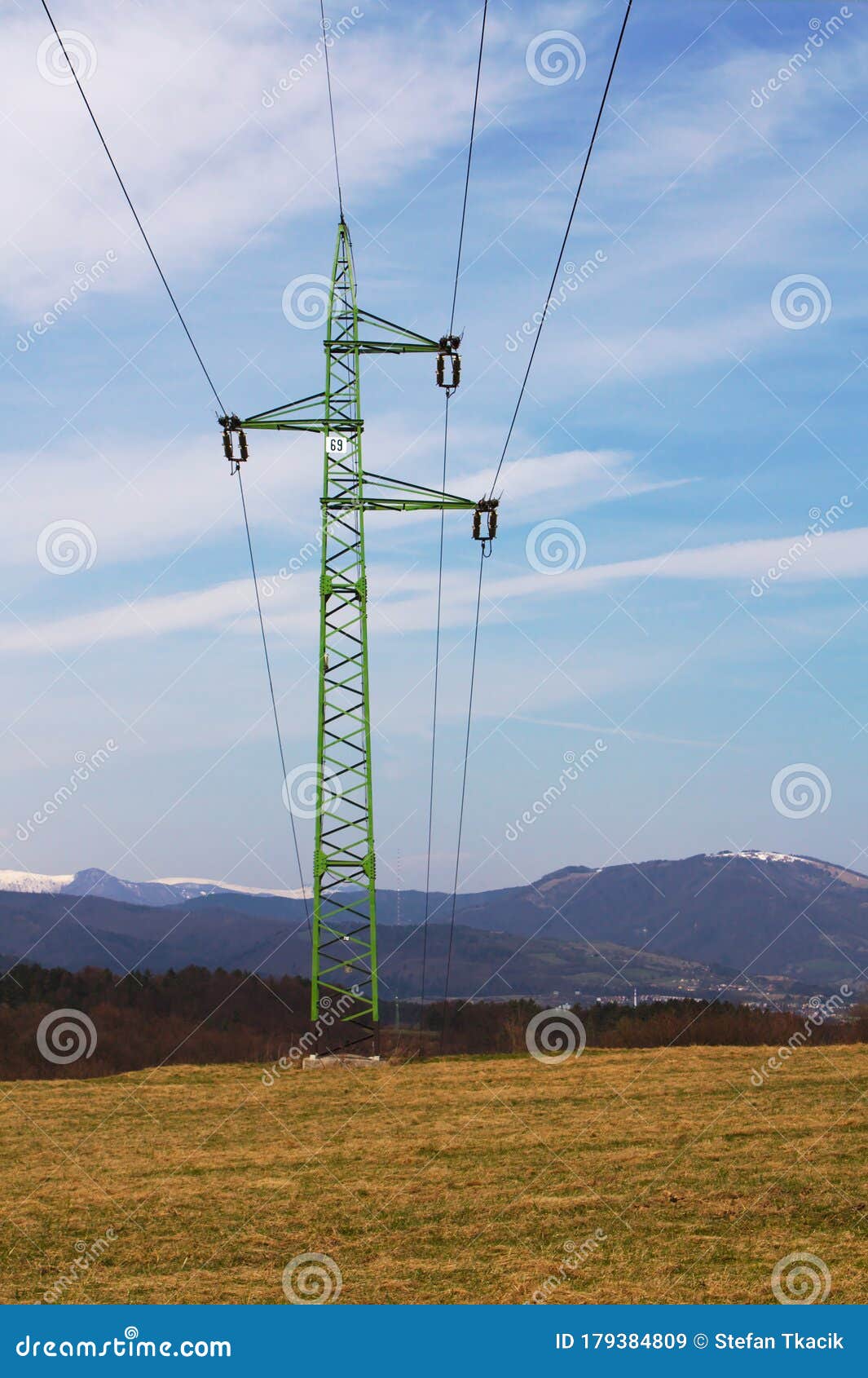 Green electric pylon. stock image. Image of transmission - 179384809