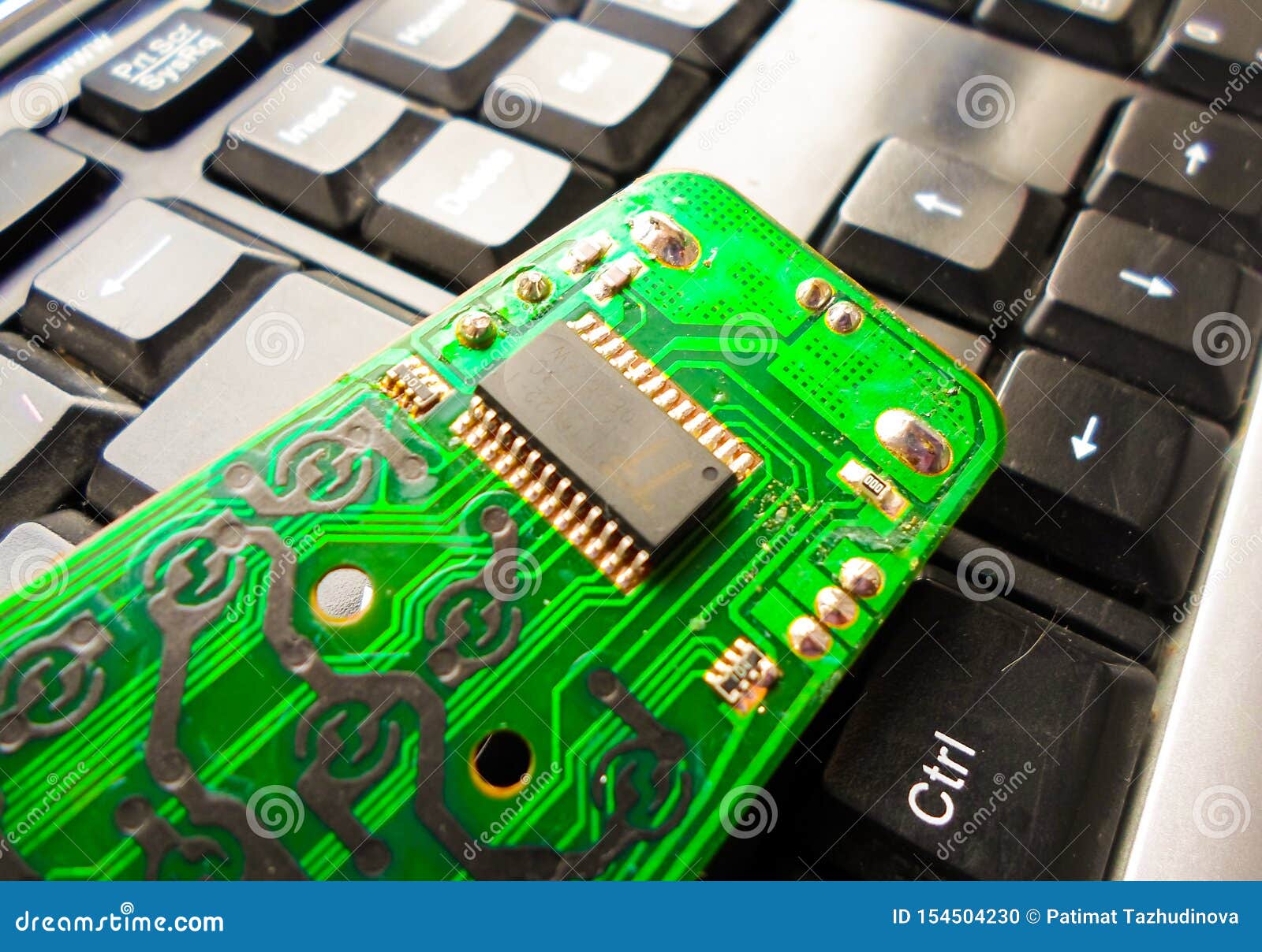 Green Electronic Board on the Keyboard. Repair of Equipment. System ...