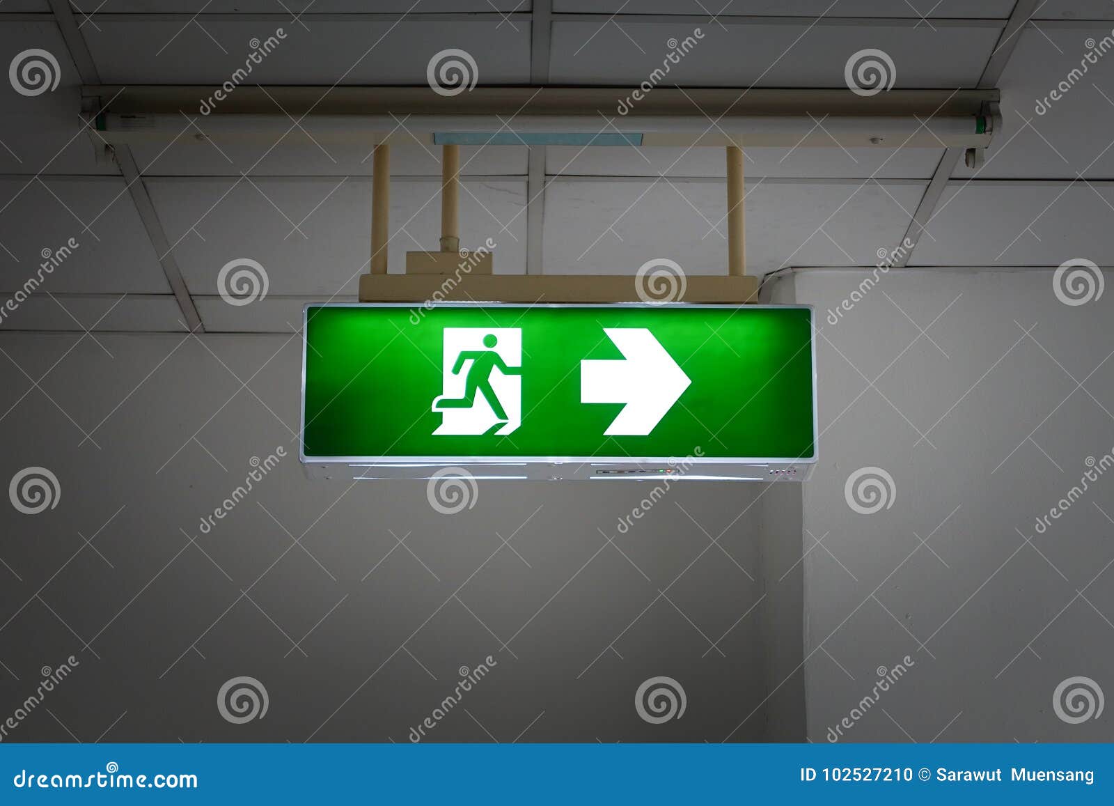 Green emergency exit sign stock photo. Image of lighting - 102527210
