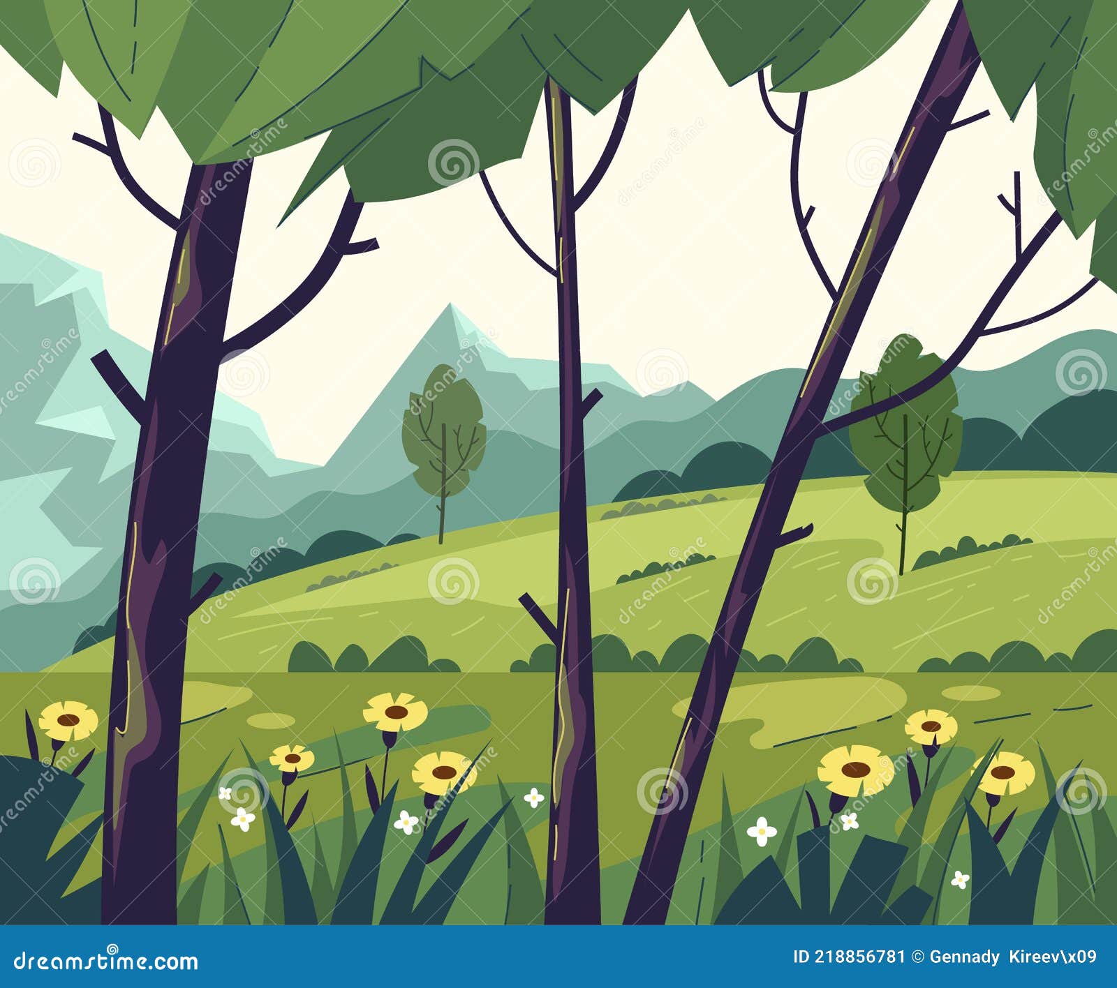 Green Empty Tree Field Mountain Forest Nature Concept. Vector Flat ...