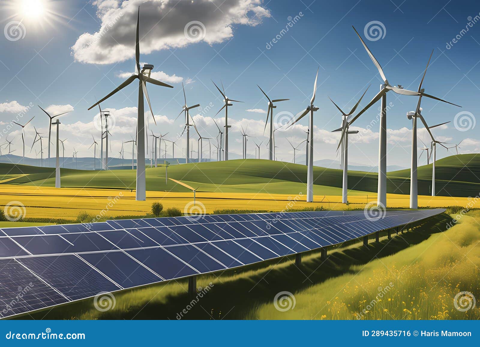 Green Energy with and Windmills and Solar Energy Stock Illustration ...