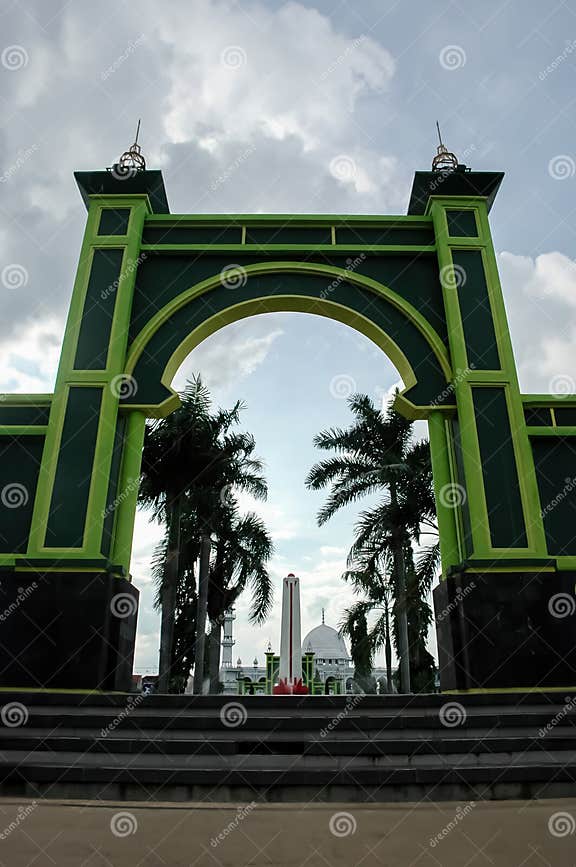 The Green Entrance Gate with a Palm Tree Background Stock Image - Image ...