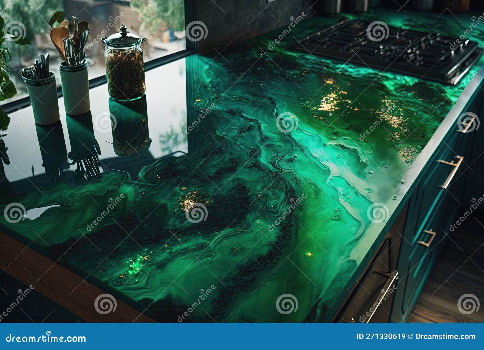Green Epoxy Resin Kitchen Countertops. Generative AI Stock Illustration ...