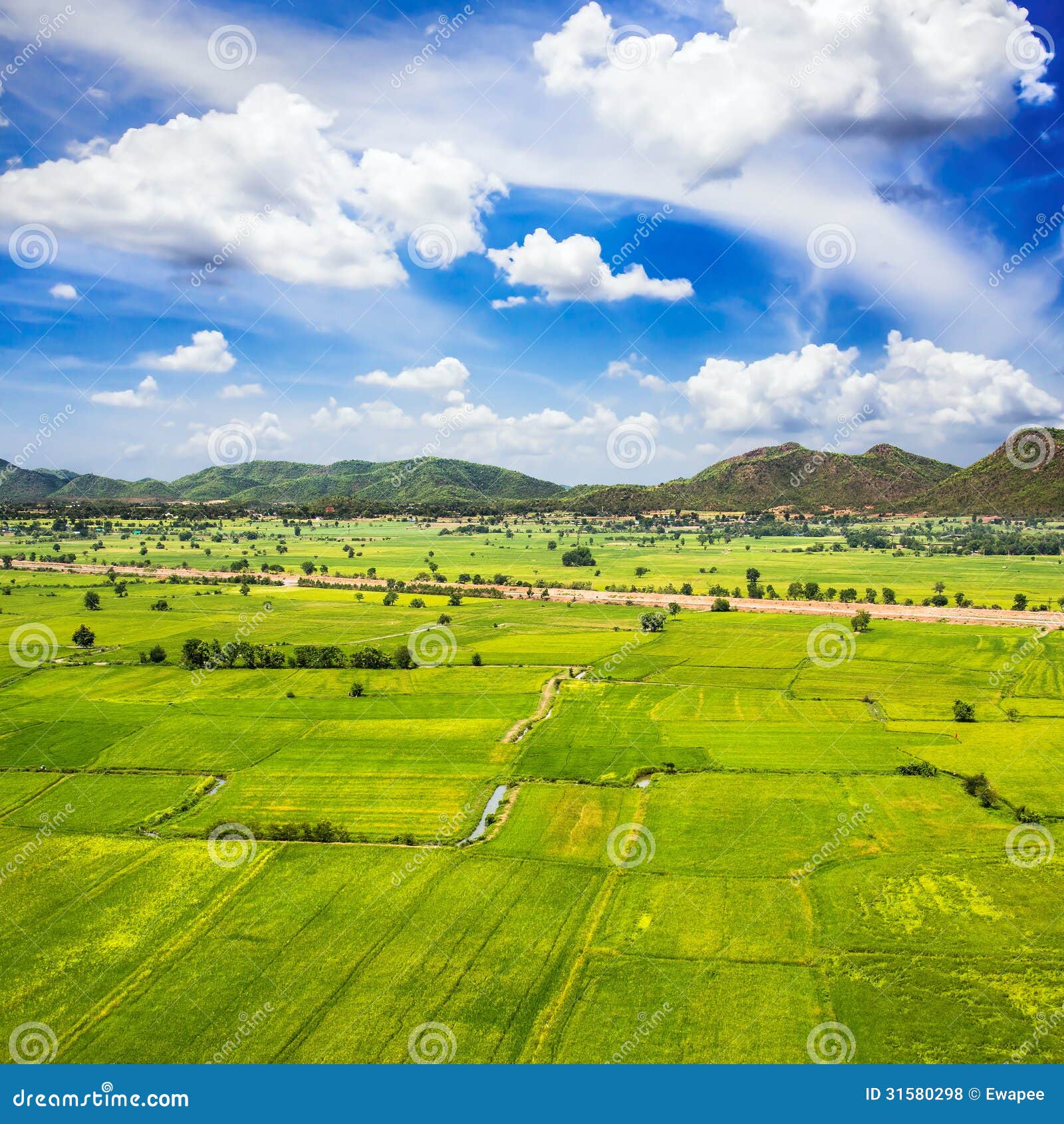 Green farm with blue sky stock photo. Image of blue, scene - 31580298