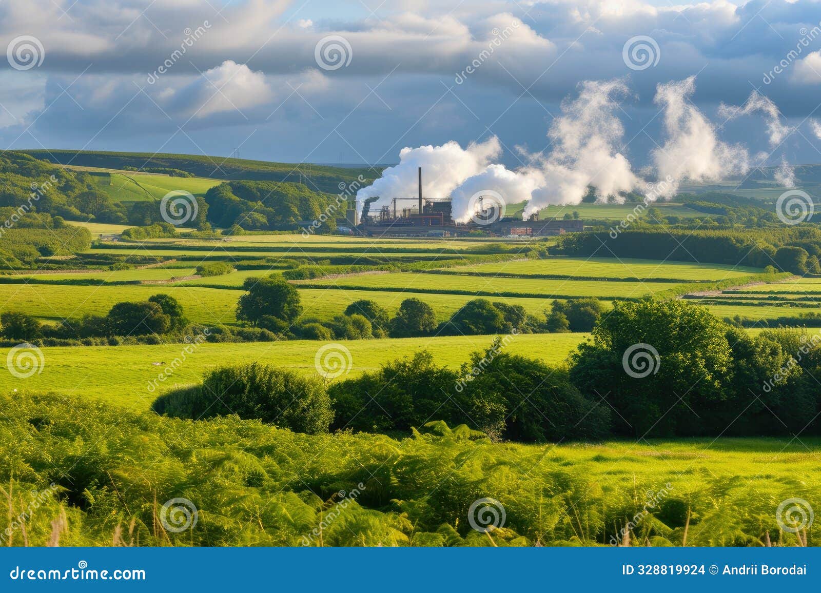 Green Farm Fields with Visible Factory Smoke. Stock Illustration ...