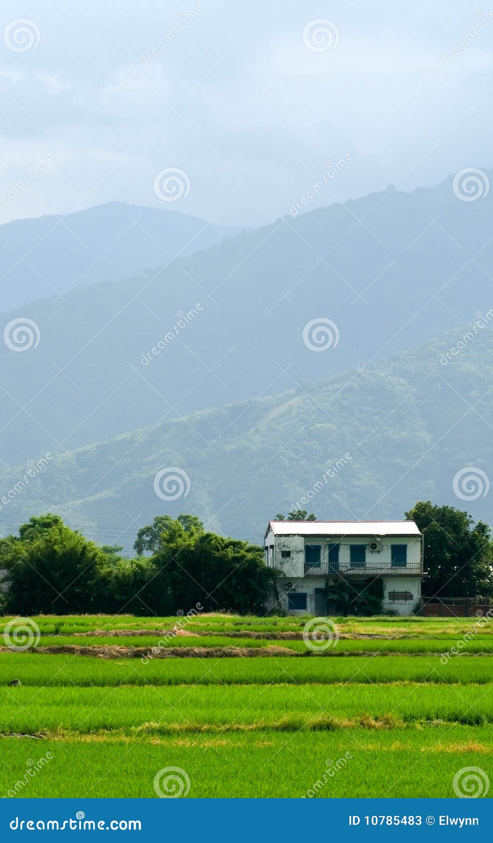 Green Farm with House and Mountain Far Away Stock Image - Image of grow ...