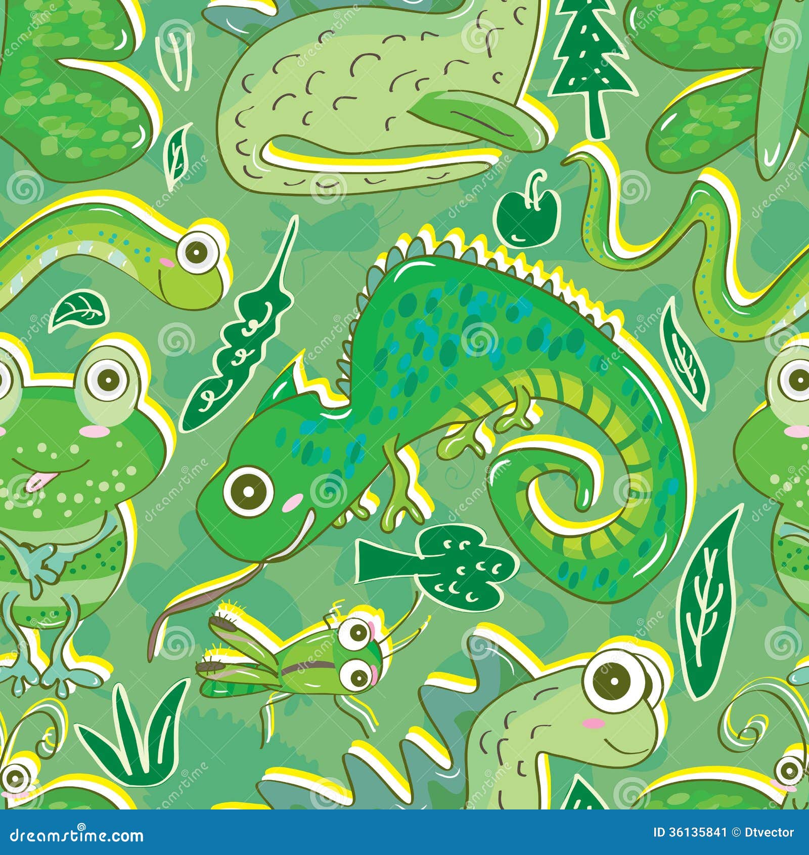 Green Fauna Flora Seamless Pattern Stock Vector - Illustration of anole ...