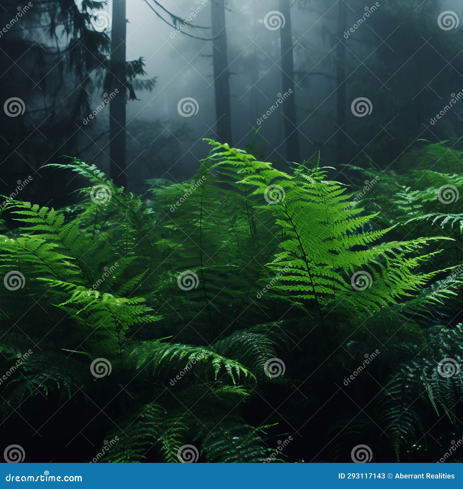 Green Ferns in the Forest at Night Stock Illustration - Illustration of ...