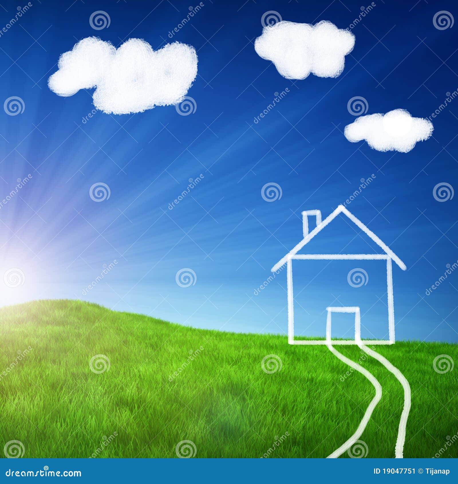 Green Field with a Drawing of a House Stock Illustration - Illustration ...