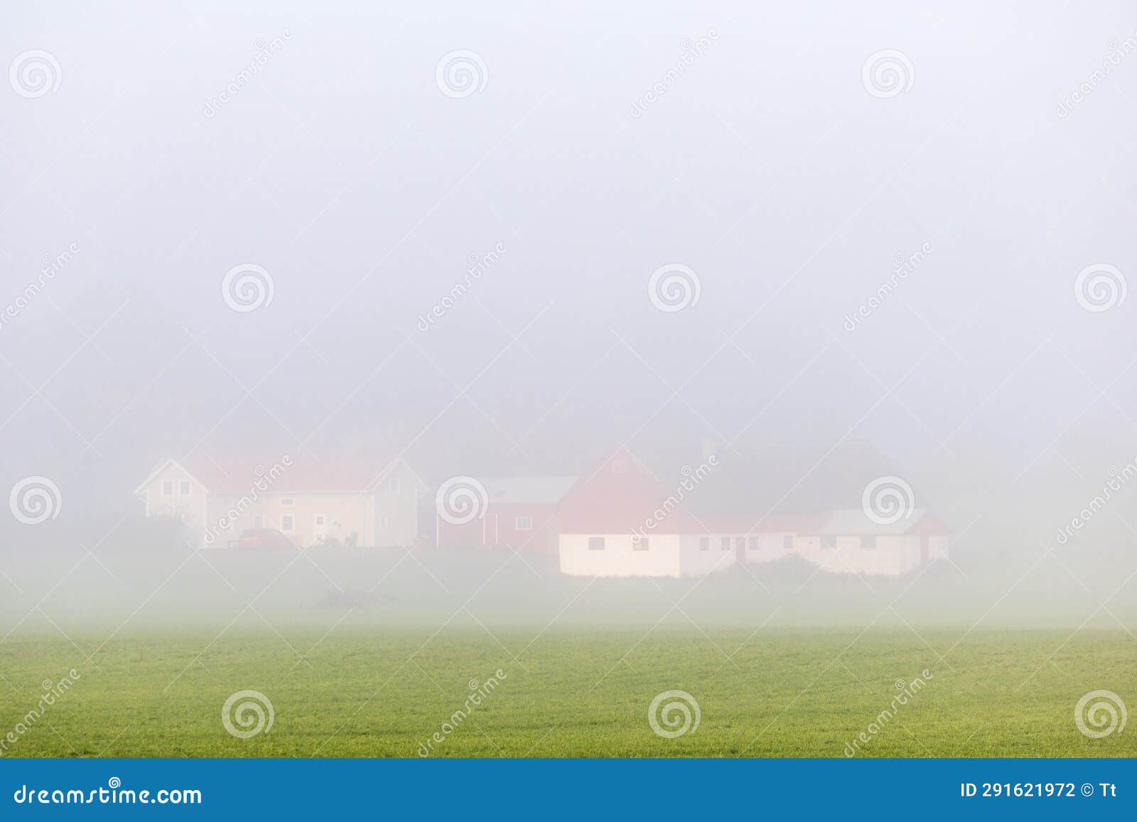 Green Field and a Farm in the Morning Mist Stock Photo - Image of mist ...