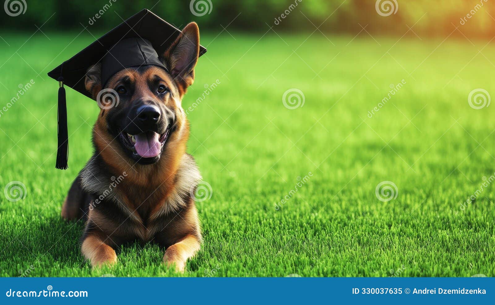 Green Field with a German Shepherd Wearing a Graduation Cap. Stock ...