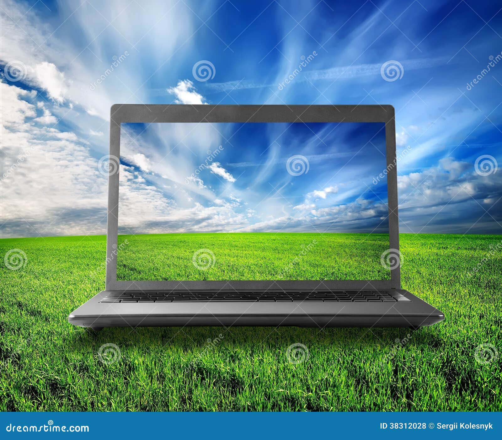 Green field and laptop stock photo. Image of display - 38312028