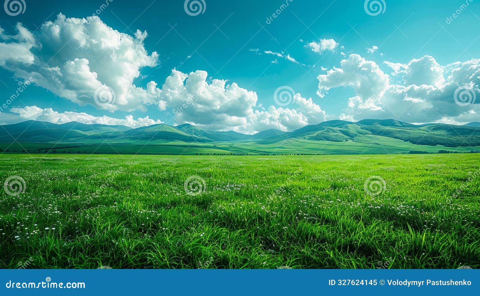 A Green Field with Mountains and Clouds in the Background Stock Image ...