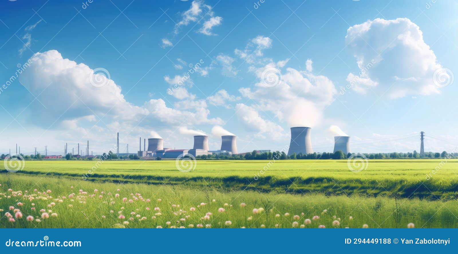 A Green Field with a Power Plant in the Background Stock Illustration ...