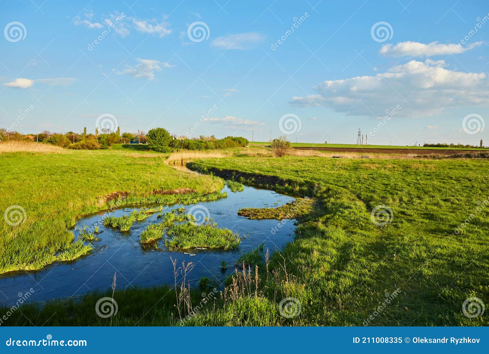 Green field with river stock image. Image of view, field - 211008335