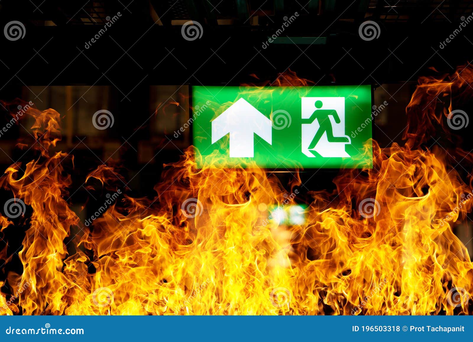 Green Fire Escape Sign Hang on the Ceiling in the Warehouse. the ...