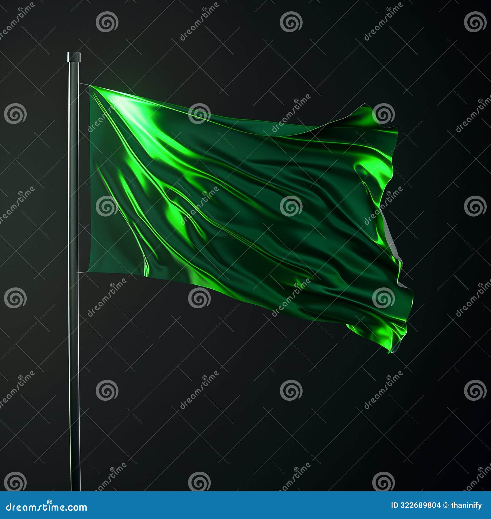 A Green Flag Flying in the Wind on a Black Background Stock ...