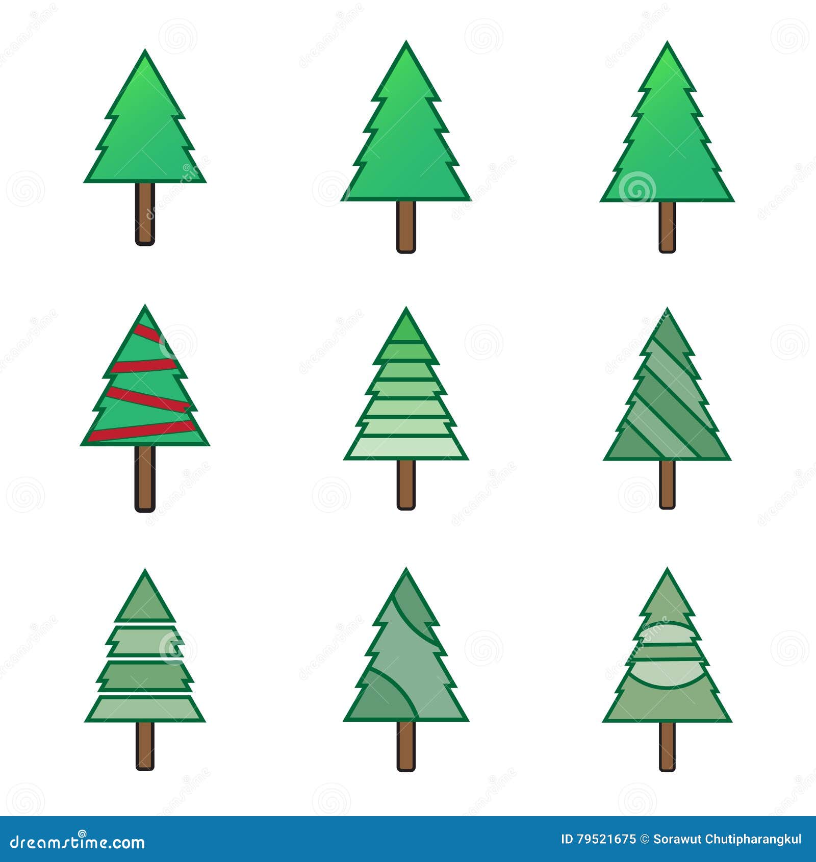 Green Flat Christmas Tree Symbol Icons Set Stock Vector - Illustration ...
