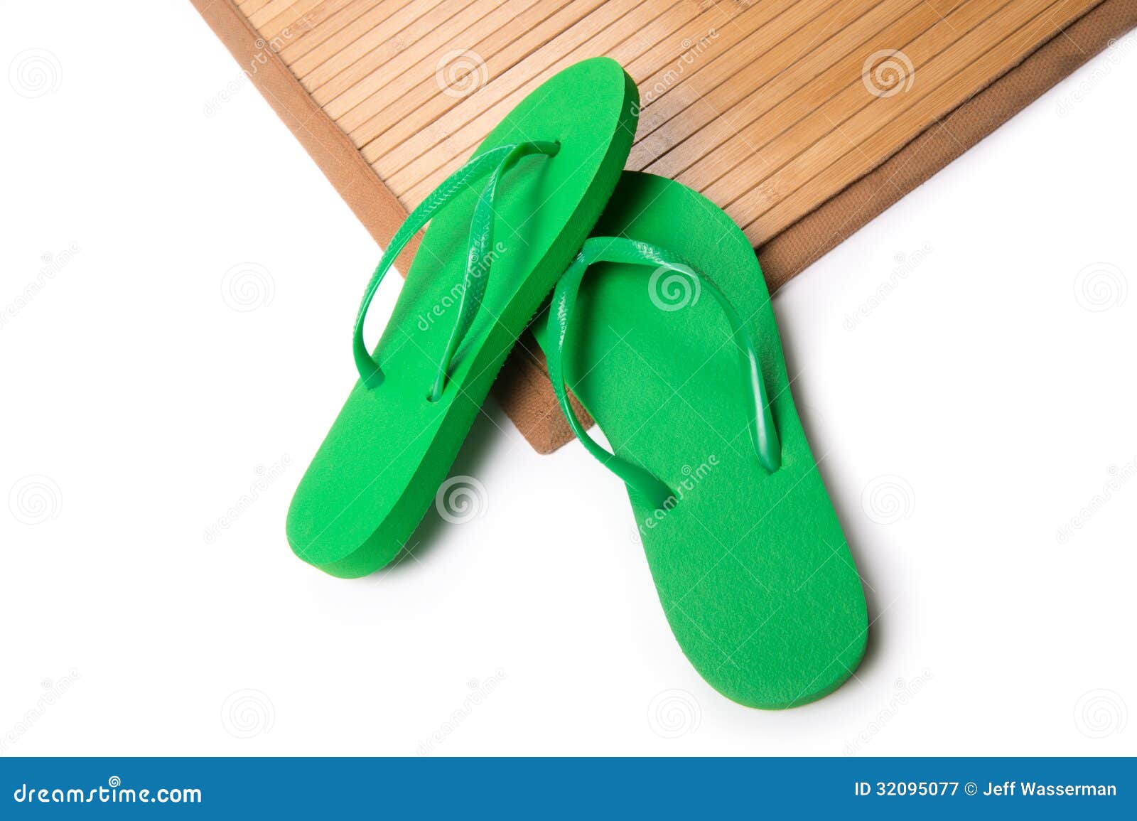 Green Flip Flops on Bamboo Mat Stock Image - Image of shoe, casual ...