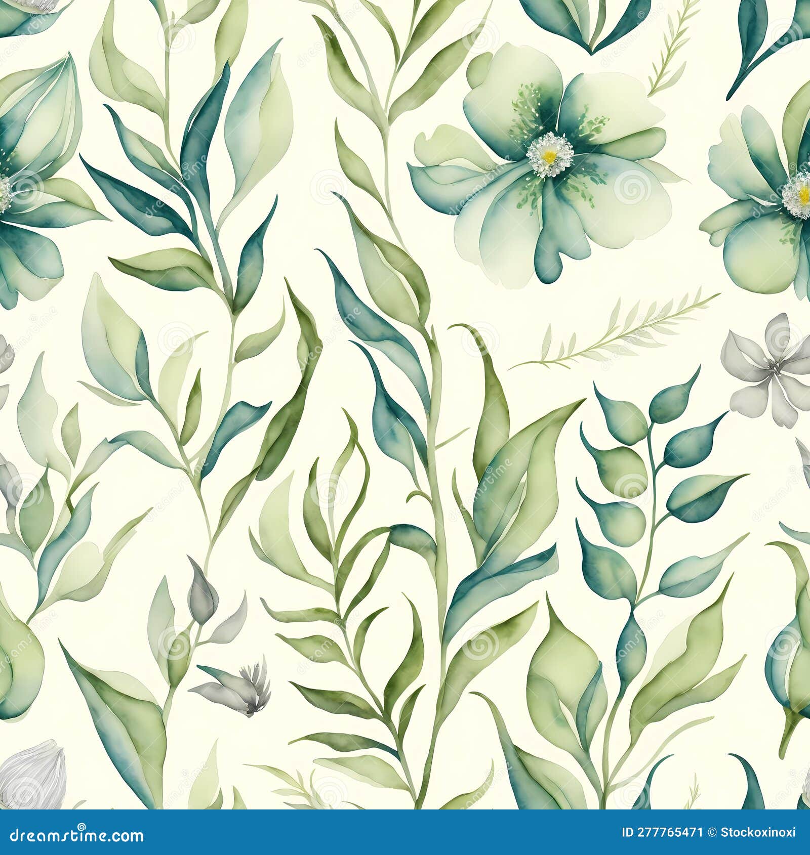 Green Flower and Leaves Seamless Pattern Stock Illustration ...