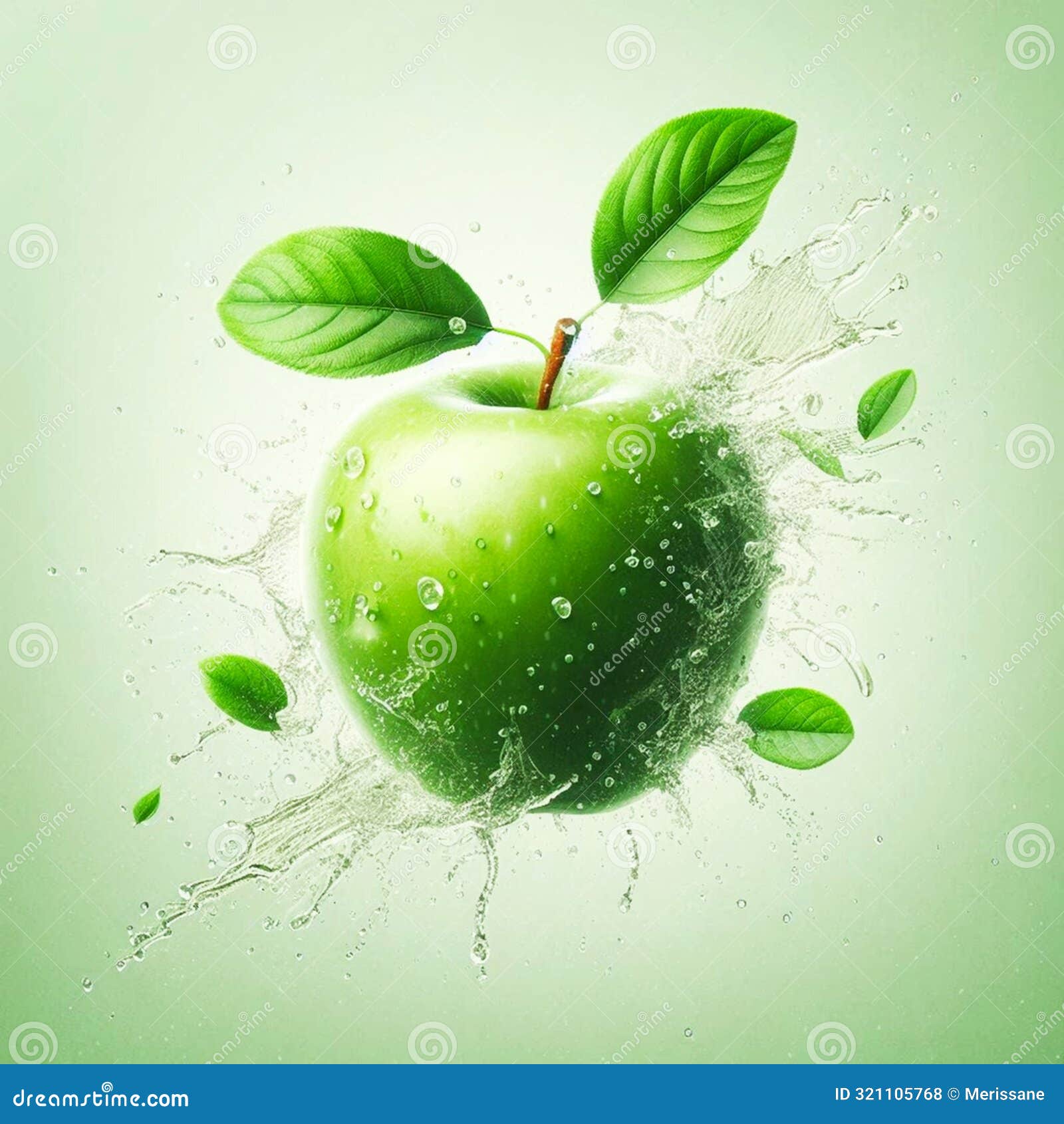 A Green Flying Apple with Two Leaves and Splashed with Water on a Light ...