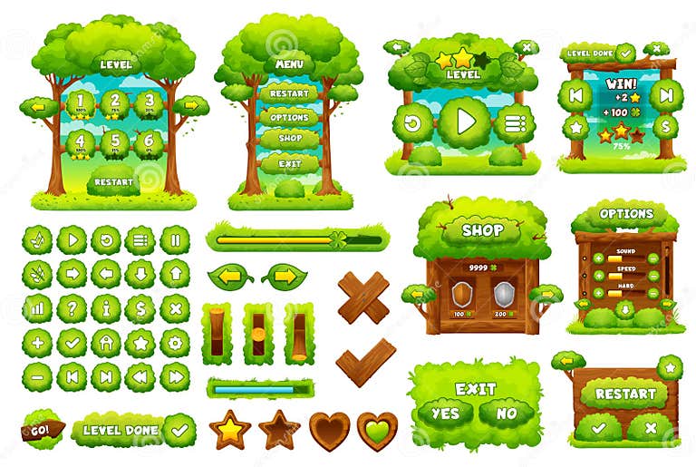Green Forest Game Interface, Ui Game Buttons Set Stock Vector ...