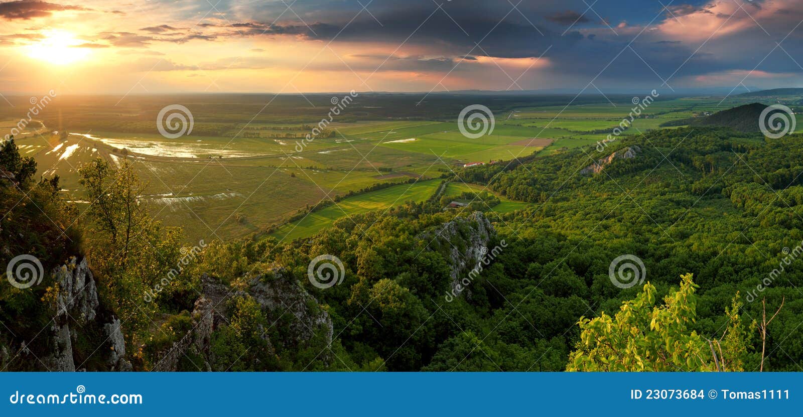 Green Forest Mountain at Sunset with Storm Stock Photo - Image of ...