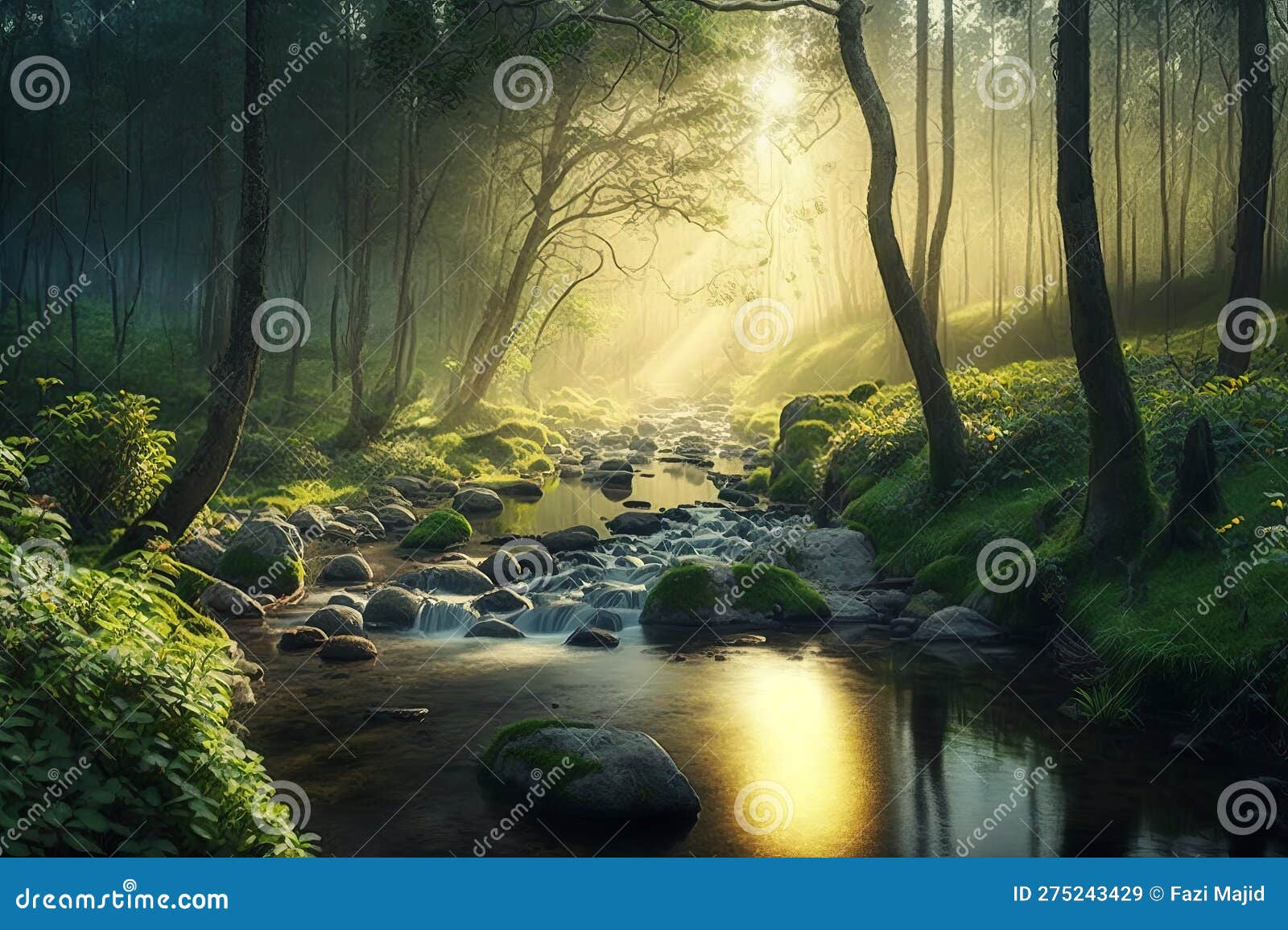 Green Forest and Forest Stream at Sunset,Generative AI Stock ...