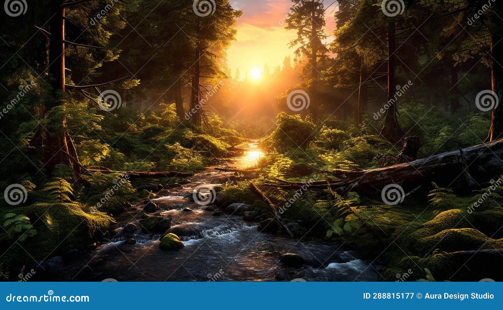 Green Forest and Forest Stream at Sunset. Stock Image - Image of ...