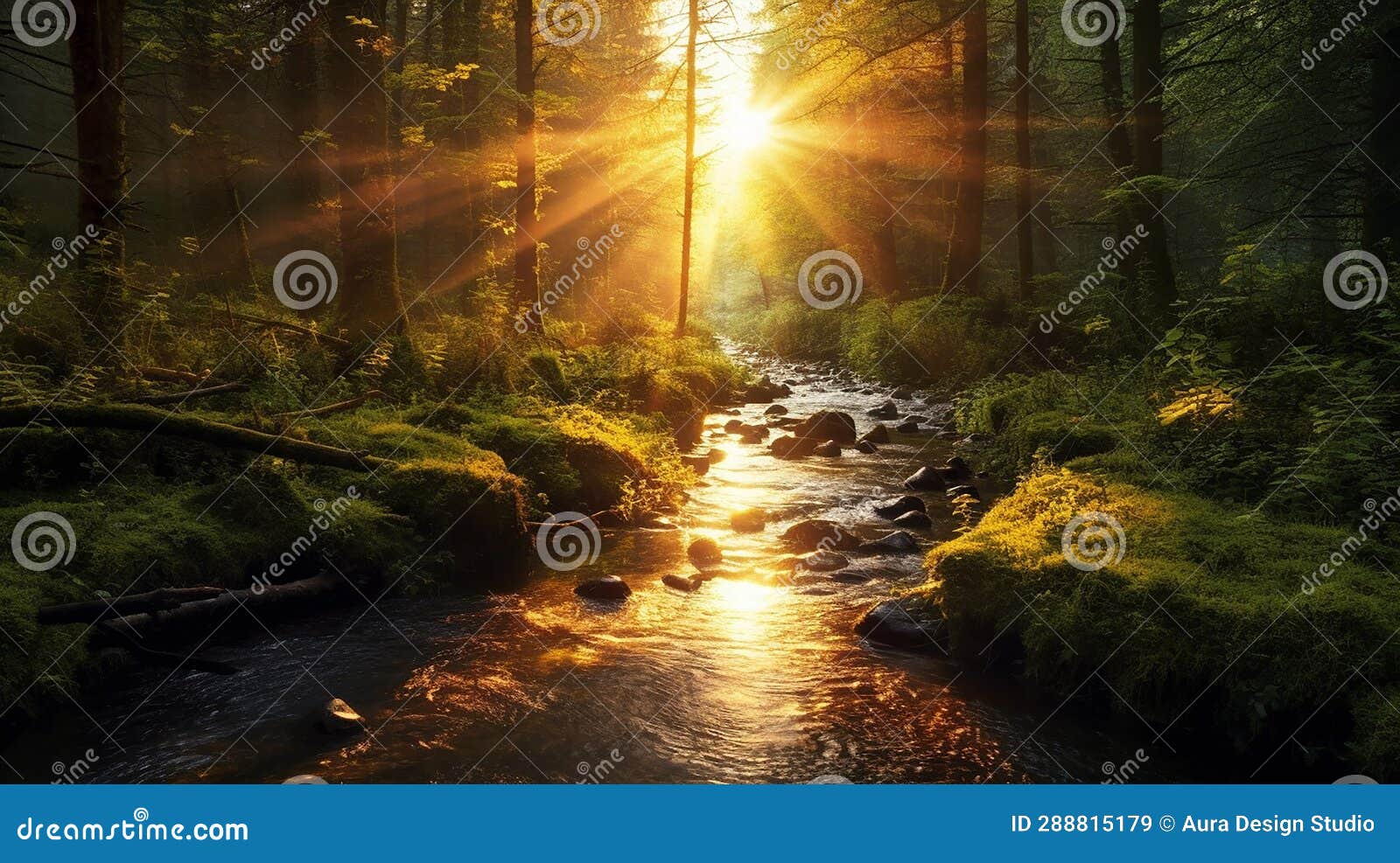 Green Forest and Forest Stream at Sunset. Stock Image - Image of ...