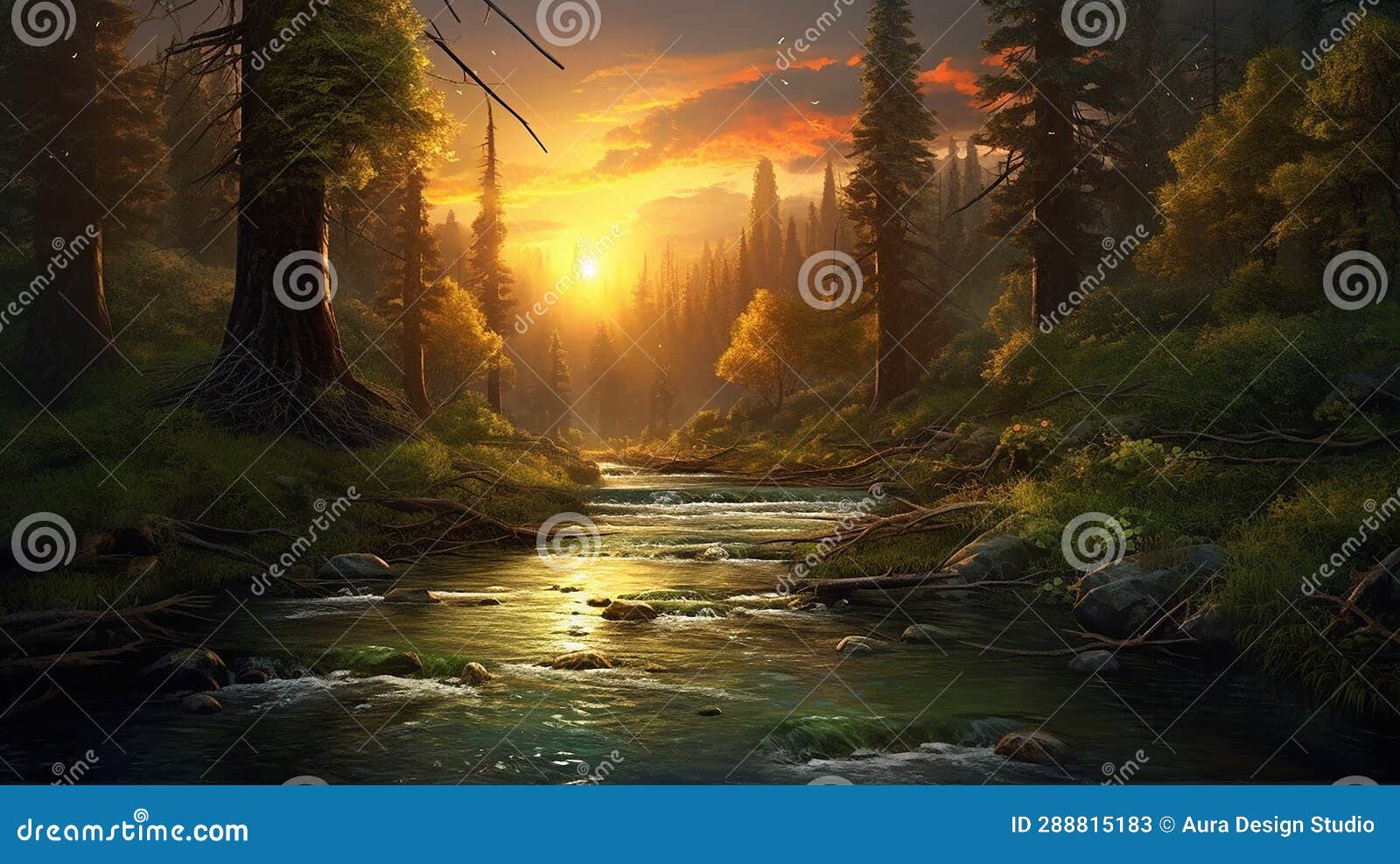 Green Forest and Forest Stream at Sunset. Stock Image - Image of ...