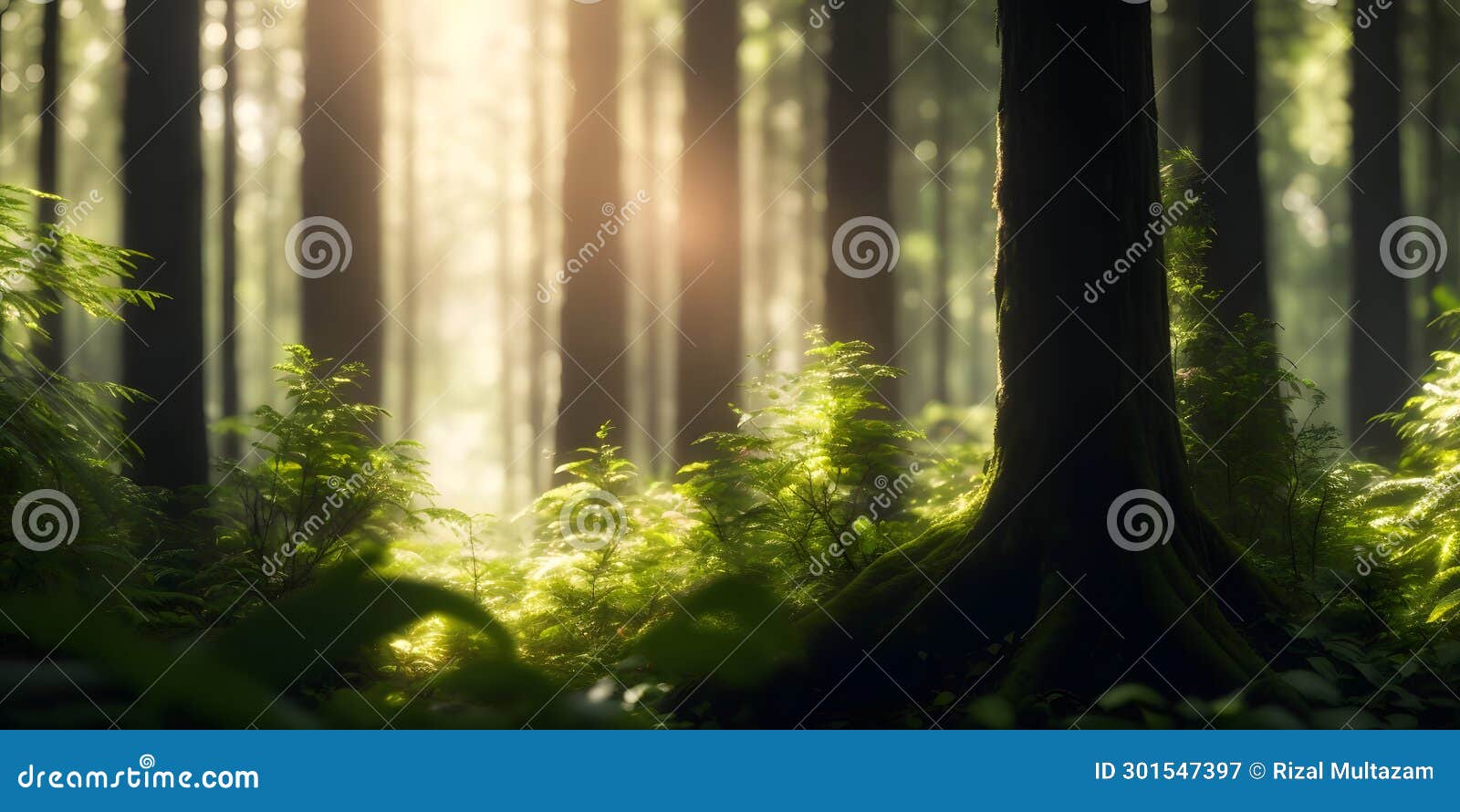 Green Forest with Sun Rays through Branches of Trees. Scenery of Nature ...