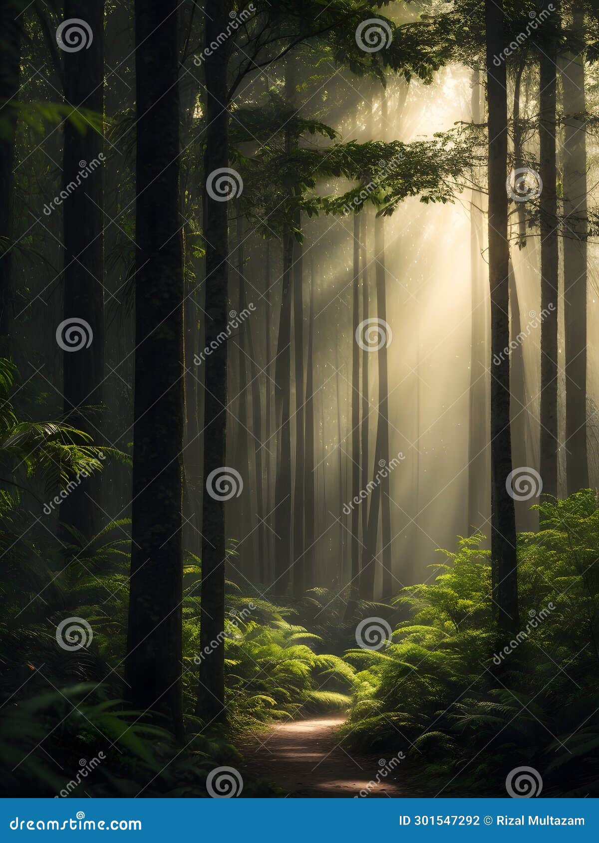 Green Forest with Sun Rays through Branches of Trees. Scenery of Nature ...